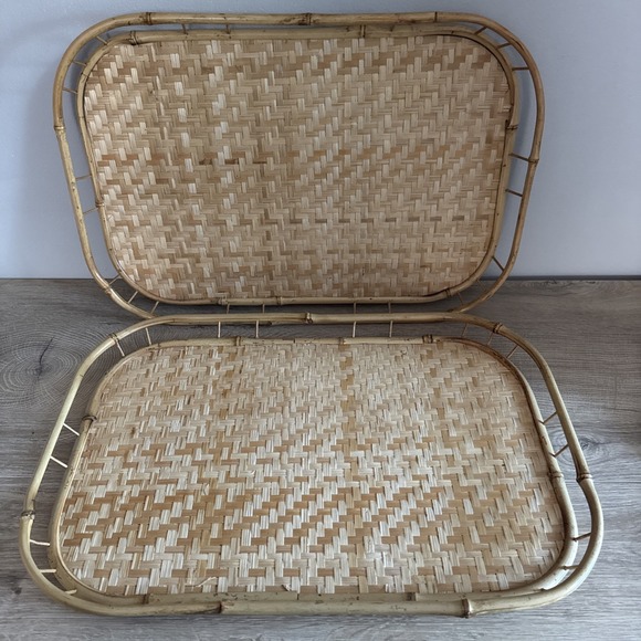 Dining | Rattan Bamboo Wicker Trays Mcm Mid Century Woven Boho Kitsch ...